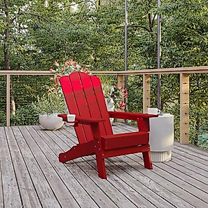 Flash Furniture Newport Adirondack Chair with Cup Holder, Weather Resistant Poly Resin Adirondack Chair, Red