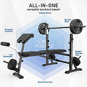 FLYBIRD Standard Weight Bench, Bench Press Set with Preacher Curl Pad and Leg Developer for Home Gym Full-Body Workout