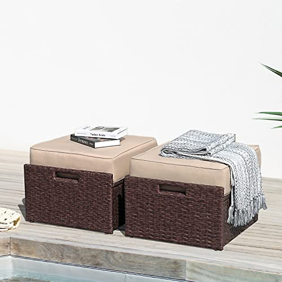 Super Patio Outdoor Ottoman, 2 Piece All Weather Wicker Rattan Patio Ottoman Set with Thick Cushion, Extra Large Outdoor Footstool Footrest (Espresso Brown)