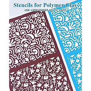 Puocaon Graffiti Silk Screen Stencils - 6 Pcs Reusable Polymer Clay Silk Screen Stencils, Cute Screen Stencils for Polymer Clay Earrings Making, Silk Screen for Transfer Patterns on Polymer Clay