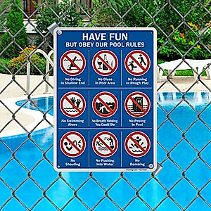 SmartSign 14 x 10 inch “Have Fun But Obey Our Pool Rules” Swimming Pool Metal Sign with Symbols, Screen Printed, 40 mil Laminated Rustproof Aluminum, Multicolor