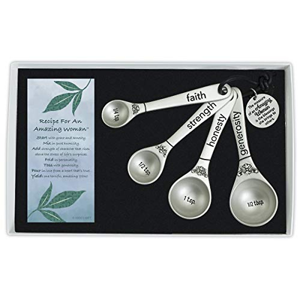 Amazing Woman Measuring Spoon Set, Decorative Gifts and Kitchen Accessories, Set of 4, Engraved Pewter and Silver Enamel, By Abbey & CA Gift