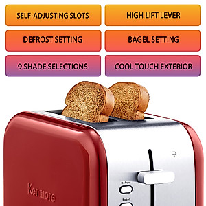 Koolatron Kenmore 2-Slice Toaster, Stainless Steel, Red and Silver, with Extra Wide Slots, Self-Adjusting Bread Guides, Defrost, Bagel and Removable Crumb Tray, Small (KKTS2SR AZ)