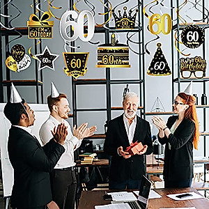 30 Pieces Birthday Party Decorations, Birthday Party Hanging Swirls, Silver Black Golden Cake Glasses Balloons Sign Foil Swirls Ceiling Decorations for Boy and Girl (60th Style)