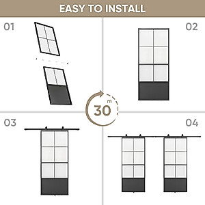 JUBEST Double Barn Door 72 x 84 in with 12FT Hardware Kit and Soft Close Mechanism, 2 Sets of 36x84 in Paneled Frosted Glass Carbon Steel Frame Barn Door,Pocket Interior Door, Easy Assembly