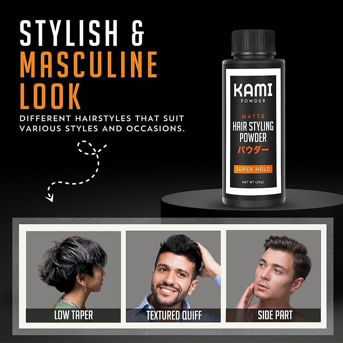 Kami Hair Texture Powder for Men - Strong Hold & Volume Powder - Texturizing Hair Powder for Men’s Styling, Matte Finish, All-Day Hold for Thick Hair