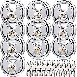 10 Pack Padlocks Alike Keyed, Stainless Steel Pad Locks with Same Key Discus Lock 2-3/4 Inch Wide 3/8 Inch Diameter Shackle, Disc Lock for Outdoor Use, Storage Unit, Sheds, Garages and Fence