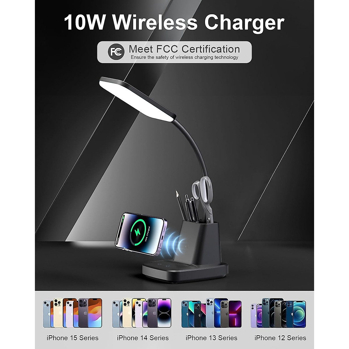 GOLSPARK Desk Lamp with Wireless Charger, LED Desk Lamp for Home Office 3 Color Modes CRI90+ Eye-Caring Reading Light with Pen Holder, Dimmable Gooseneck Touch Control Table Lamp for College Dorm Room