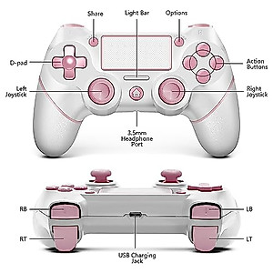 AceGamer Wireless Controller for PS4, Custom Design V2 Gamepad Joystick for PS4 with Non-Slip Grip of Both Sides and 3.5mm Audio Jack! Thumb Caps Included! (Pink-White)