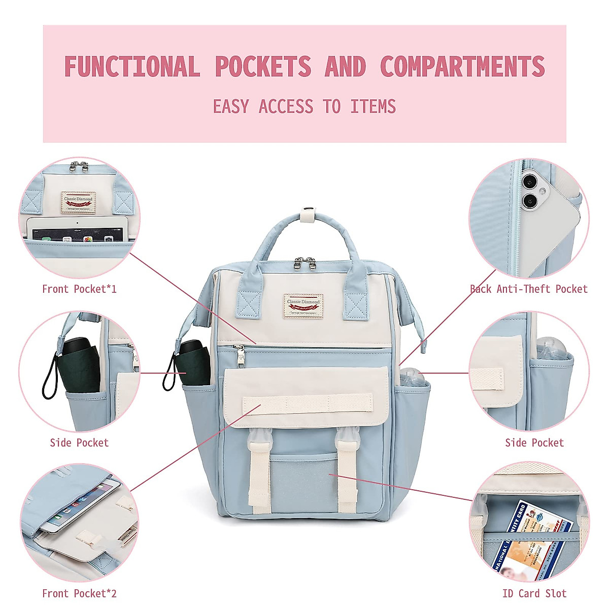 Vendra Moka School College Waterproof and Sturdy Backpack,15.6" Laptop Backpack for Women Teen Girls, Cute Casual Daypack for Travel, Work