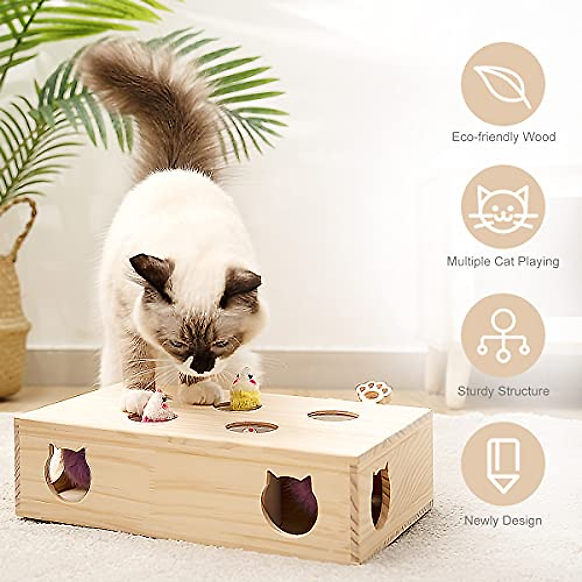 MEWOOFUN Cat Toys Interactive Whack-a-mole Solid Wood Toys for Indoor Cats Kitten Catch Mice Game