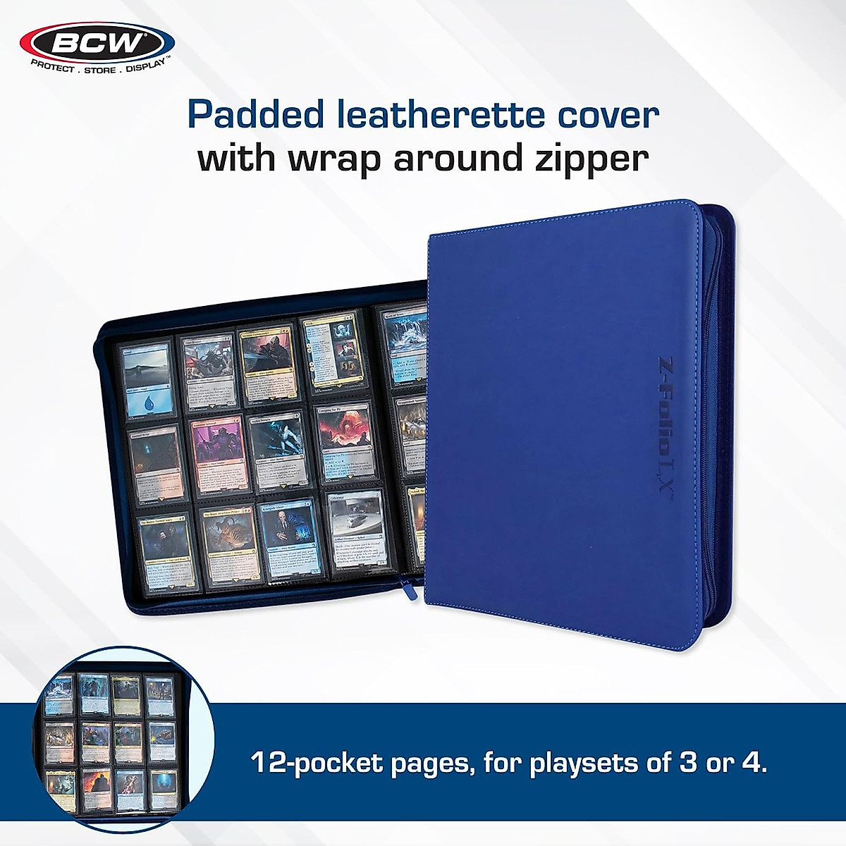 BCW Z-Folio LX Zipper Portfolio - Premium Blue Leatherette 12-Pocket Playset Album - Secure Zipper - 480 Card Capacity - Card Collector's Dream - Card Organizer - Trading Card Storage