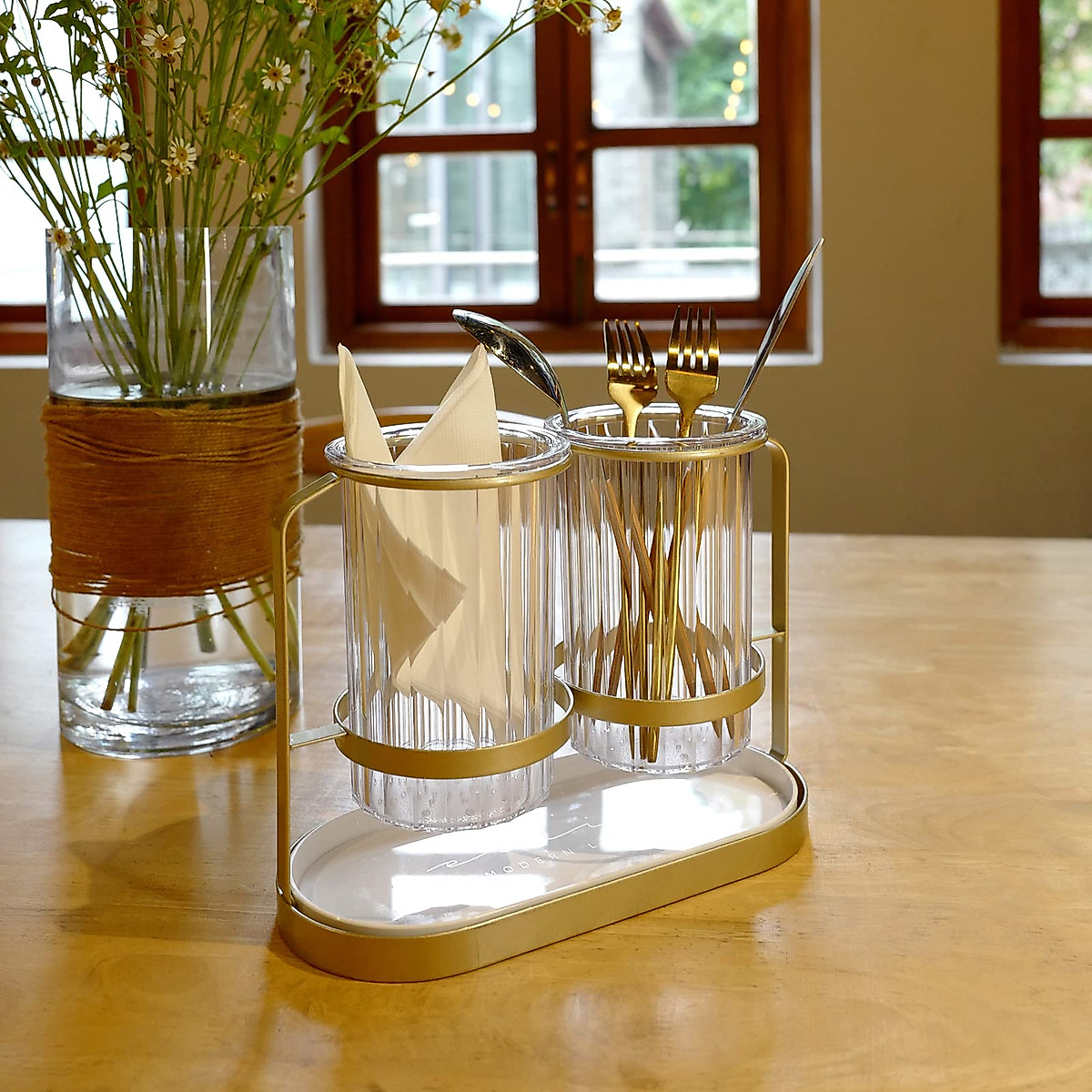 Kitchen Utensil Caddy, Plastic Draining Chopstick Cage Silverware Caddy for Party, Utensil Holder Flatware Caddy Cutlery Storage Organizer for Kitchen Decor and Countertop, Gold & White