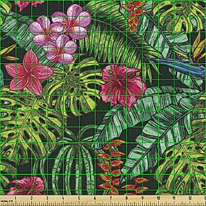 Ambesonne Exotic Fabric by The Yard, Hibiscus Plumeria Palm Leaves Monstera Tropic Amazonian Plants, Decorative Fabric for Upholstery and Home Accents, 1 Yard, Green Pink