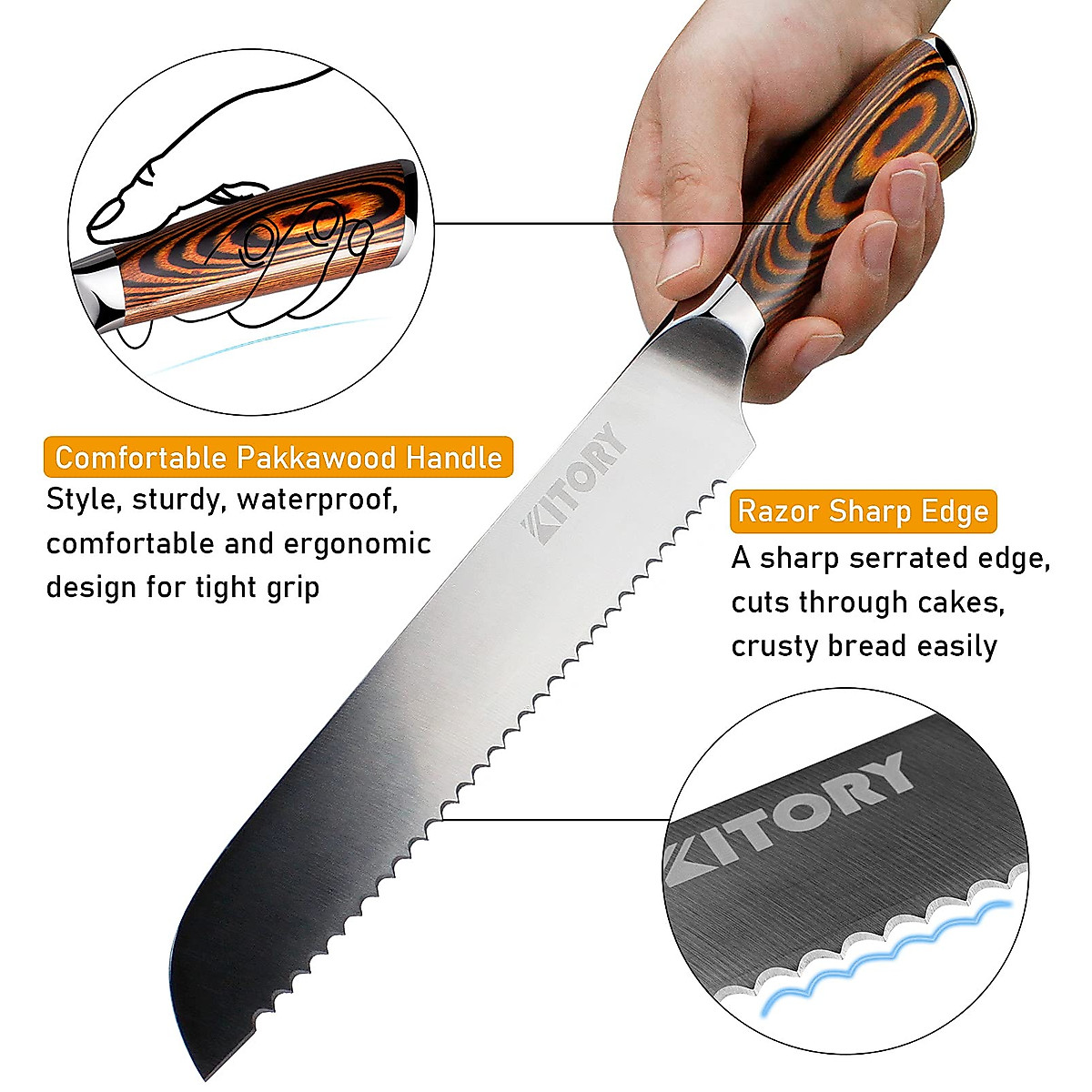 Kitory Bread Knife 8" Serrated Slicing Knife, Ultra Sharp Bread Cutting Knife, Cake Knife Bread Cutter with German High Carbon Stainless Steel Blade&Ergonomic Handle, 2023 Gifts