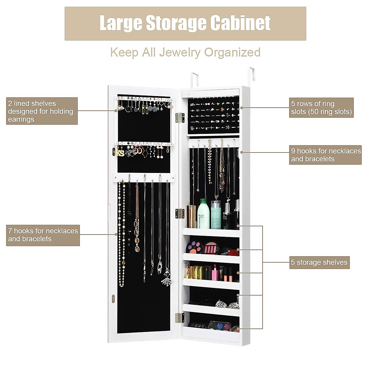 Giantex 12 LEDs Jewelry Armoire Wall Door Mounted, Jewelry Cabinet Organizer with Full-length Mirror, Ring Earring Slots Necklace Hooks and 5 Storage Shelves, Large Storage Capacity