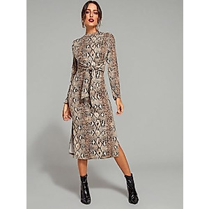 Floerns Women's Snakeskin Print Long Sleeve Tie Waist Split Midi Dress Brown XL