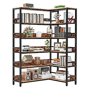 IRONCK Industrial Bookshelves 6 Tiers Corner Bookcases with Baffles Etagere Shelf Storage Rack with Metal Frame for Living Room Home Office