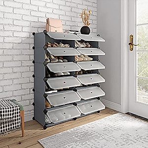 UNZIPE Shoe Rack Cabinet, 8-Tier Shoe Storage Organizer for Entryway, 16 Pairs Plastic Shoe Shelves with Door DIY Freestanding Shoes Tower with Covered for Closet Bedroom Hallway Garage, Dark Grey