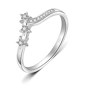 BORUO 925 Sterling Silver Ring, Chevron Wave Three Star Cubic Zirconia CZ Comfort Fit Wedding Band Ring Size 8