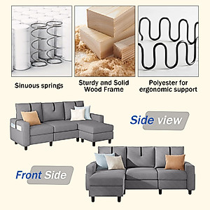 Tornama 80" L Shaped Sectional Sofas 3 Seater Couch with Reversible Ottoman Modern Linen Fabric Small Sectional Couch for Living Room, Apartment, Small Space, Light Grey