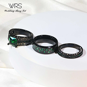 Two Rings His Hers Wedding Ring Sets Couples Matching Rings Women's Black Gold Filled Green CZ Wedding Engagement Ring Bridal Sets Men's Stainless Steel Wedding Band