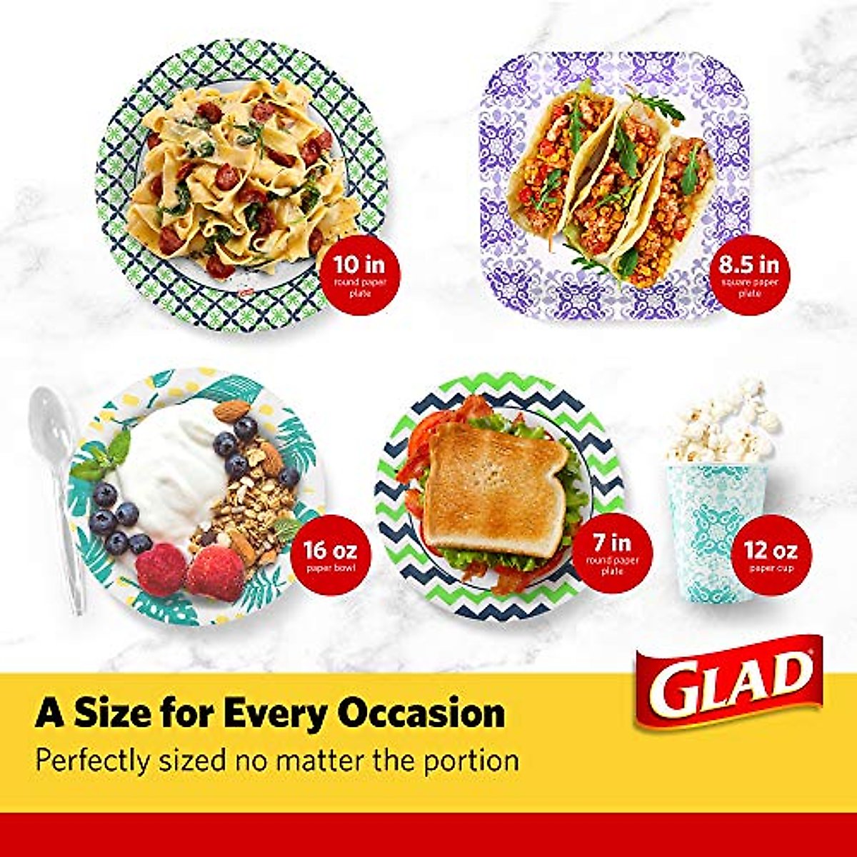 Glad Square Disposable Paper Plates for All Occasions | Soak Proof, Cut Proof, Microwaveable Heavy Duty Disposable Plates | 8.5" Diameter, 50 Count Bulk Paper Plates