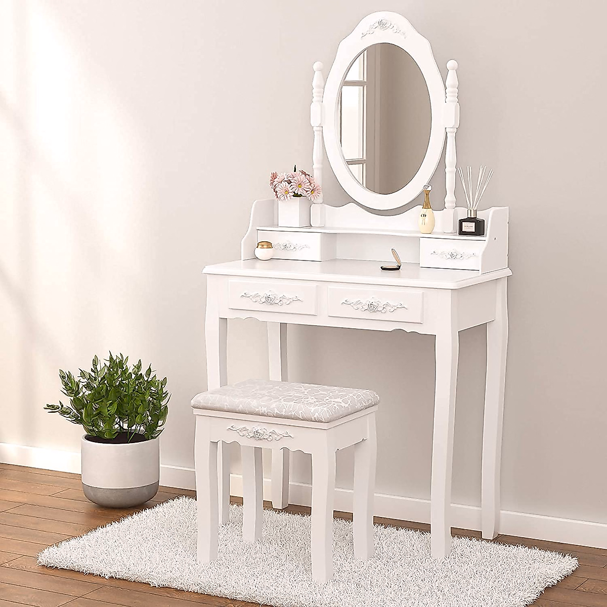 Mecor Vanity Table Set ,Makeup Table with Oval Mirror & Stool, Bedroom Wood Dressing Table with 4 Drawers White