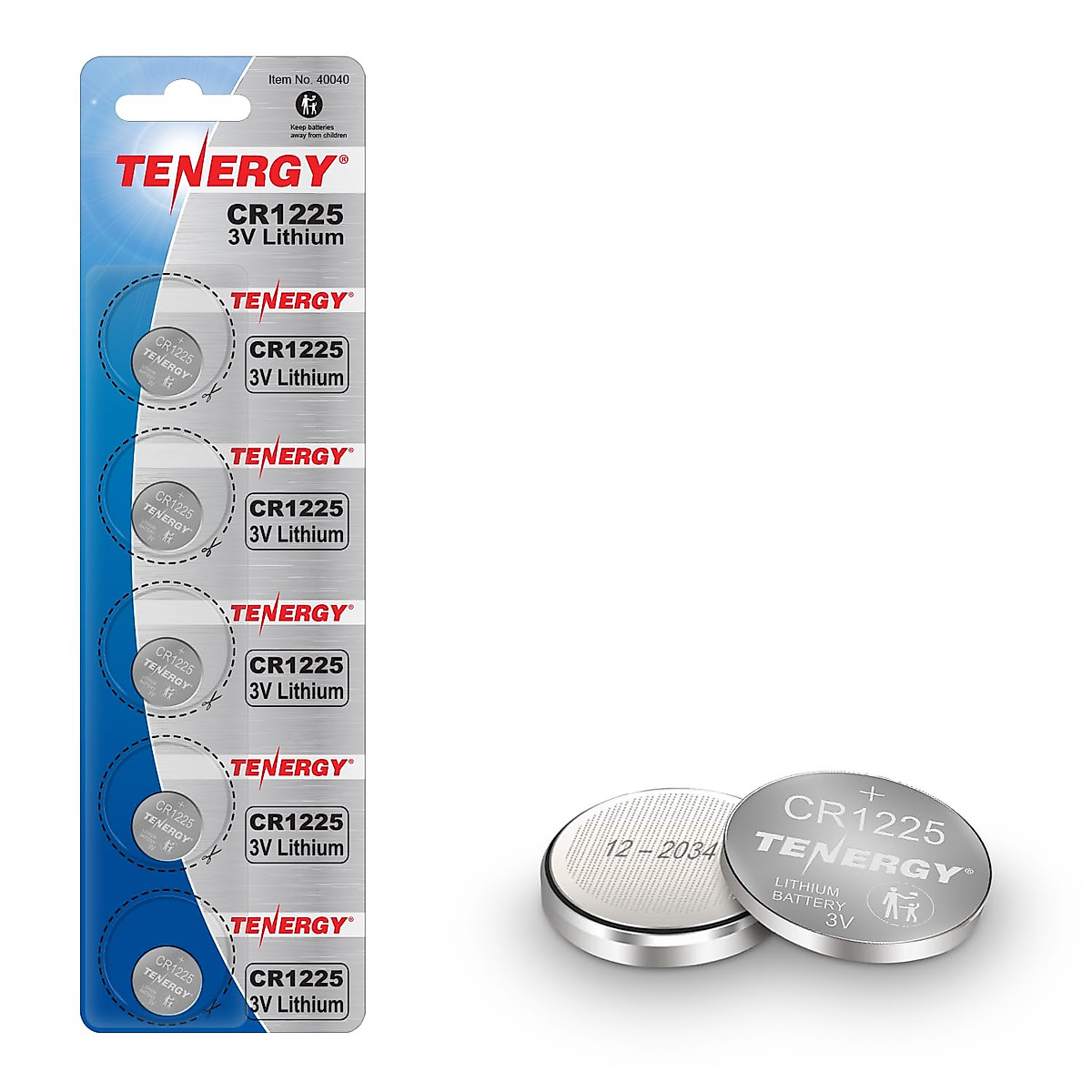 Tenergy 3 Volt Battery CR1225, Button Cell Batteries, Ideal for Thermometers, Key Fobs, Laser Pointers, Medical Devices, Calculators, and More, 5 Pack