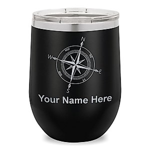 LaserGram Double Wall Stainless Steel Wine Glass Tumbler, Compass Rose, Personalized Engraving Included (Black)
