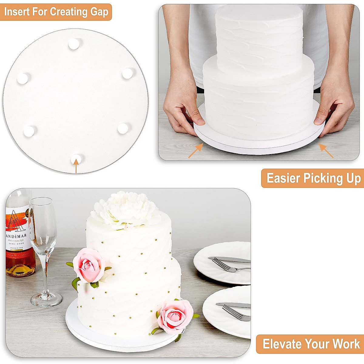 Sleek Cake Board Drum 8, 10 & 12 Inch (3 Sizes, 14 Pack Total) | Free Prop Up Tool & Matching Ribbon | 1/2" Thick Cake Board Rounds | Sturdy & Greaseproof Cake Circle For Presenting Heavy/Tiered Cakes