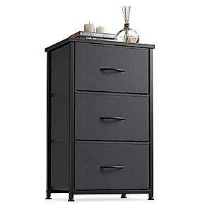 CubiCubi Dresser Nightstand for Bedroom with 3 Drawers, Small Storage Tower Organizer Unit for Closet, Office, Living Room, Hallway, Entryway, Fabric Drawers, Wood Board, Black Grey