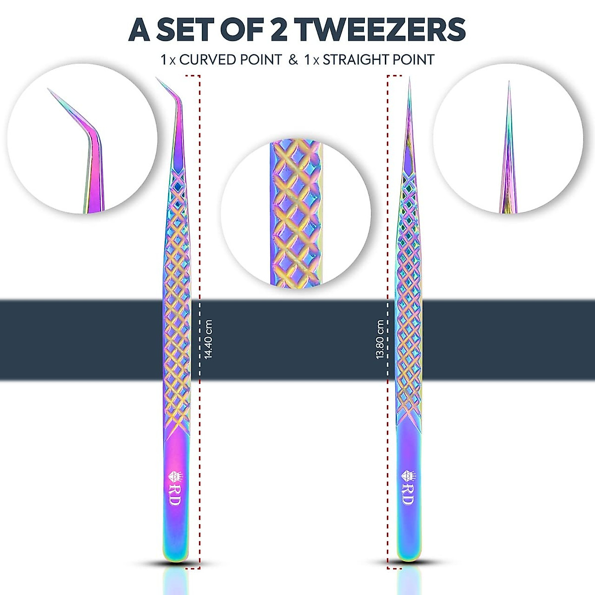 Eyelash Extension Tweezers Lash Extension Precision Tweezers Straight & Curved with Diamond Grip Set of 2 Pieces Rainbow Colour 14cm Multicolor