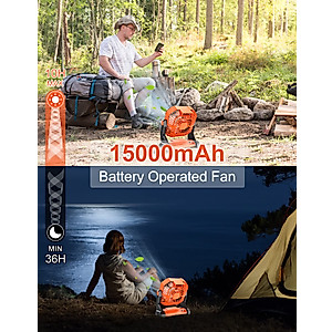 Camping Fan for Tent, 15000mAh Rechargeable Battery Operated Fan, Portable Tent Fan for Camping with Light, Hook, Timer, 270° Rotation, Outdoor USB Fan for Picnic BBQ Fishing Travel Hurricane Jobsite