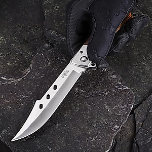 Grand Way Bundle of 2 Items Hunting Folding Knife with Rosewood Handle - Best EDC Survival Hiking Hunting Camping Knife - Knife with Firestarter and Whistle