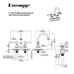 Derengge 2 Handle Brushed Nickel Bathroom Sink Faucet 3 Hole Faucet with Overflow Pop up Drain,360° Swivel Spout 4 Inch Centerset Bathroom Faucet without Supply Hoses,Meets cUPC NSF 61-9 AB1953,2 Pack