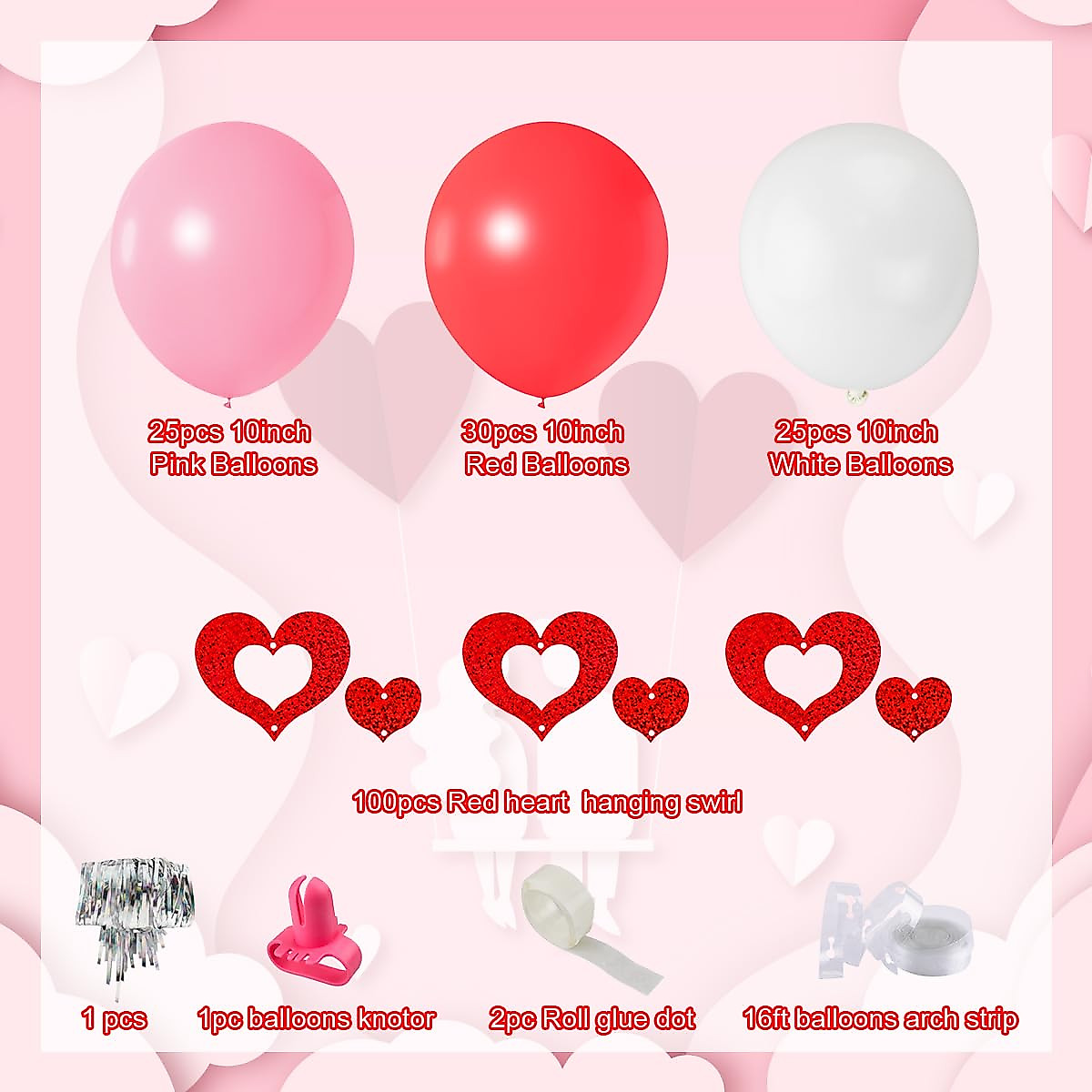 Valentines Day Balloon Arch Garland, Valentines Red Pink White Heart Balloon with Bling Bling Hanging Swirl for Sweetheart Wedding Bridal Shower Valentines Day Anniversary Engagement Party Decorations