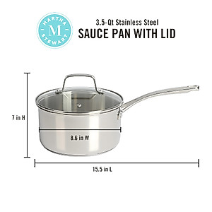 Martha Stewart Castelle Saucepan 18/8 Stainless Steel Pot 3.5-Quart Induction Safe Sauce Pan with Lid