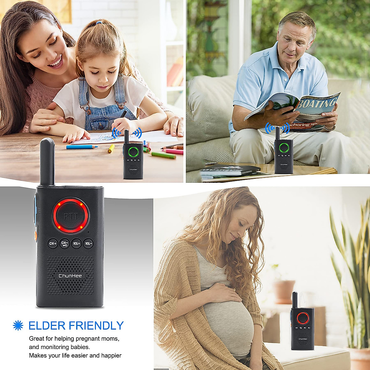 ChunHee Wireless Intercom System for Elderly/Kids, Home Intercom System Room to Room Communication, 1.5 Miles Long Range 16 Channel Intercom System for Home/Office/Camping/Hiking/Vacation