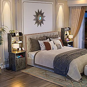 Nightstand with Charging Station and USB Ports, 47" Tall Bedside Table with Adjustable Bookshelf, Industrial End Table Side Table with Storage Cabinet for Home Office, Grey