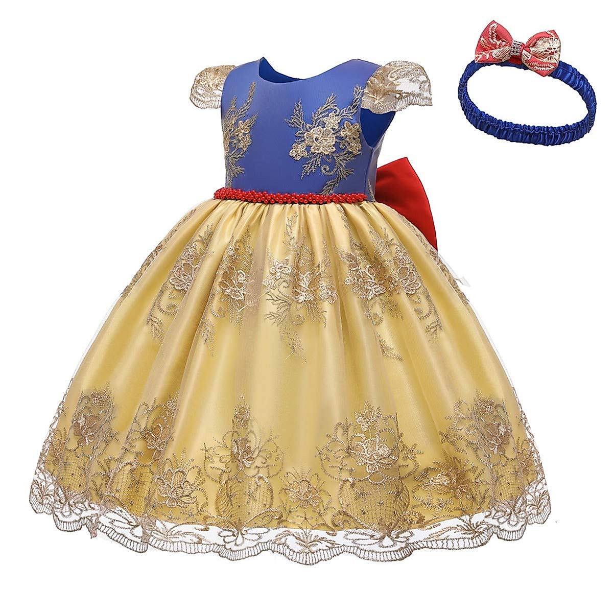 HOIZOSG Baby Girls Christening Dress Snow White Birthday Party Prom Embroidered Lace Baptism Bowknot Tutu Gown w/Headwear Yellow