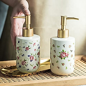 Soap Dispensers Ceramic Soap Dispenser Set with Metal Tray Soap Pump for Kitchen Sink Bathroom Accessory Flower Pattern Set, 10.8oz Lotion Dispenser (Style : Floret)
