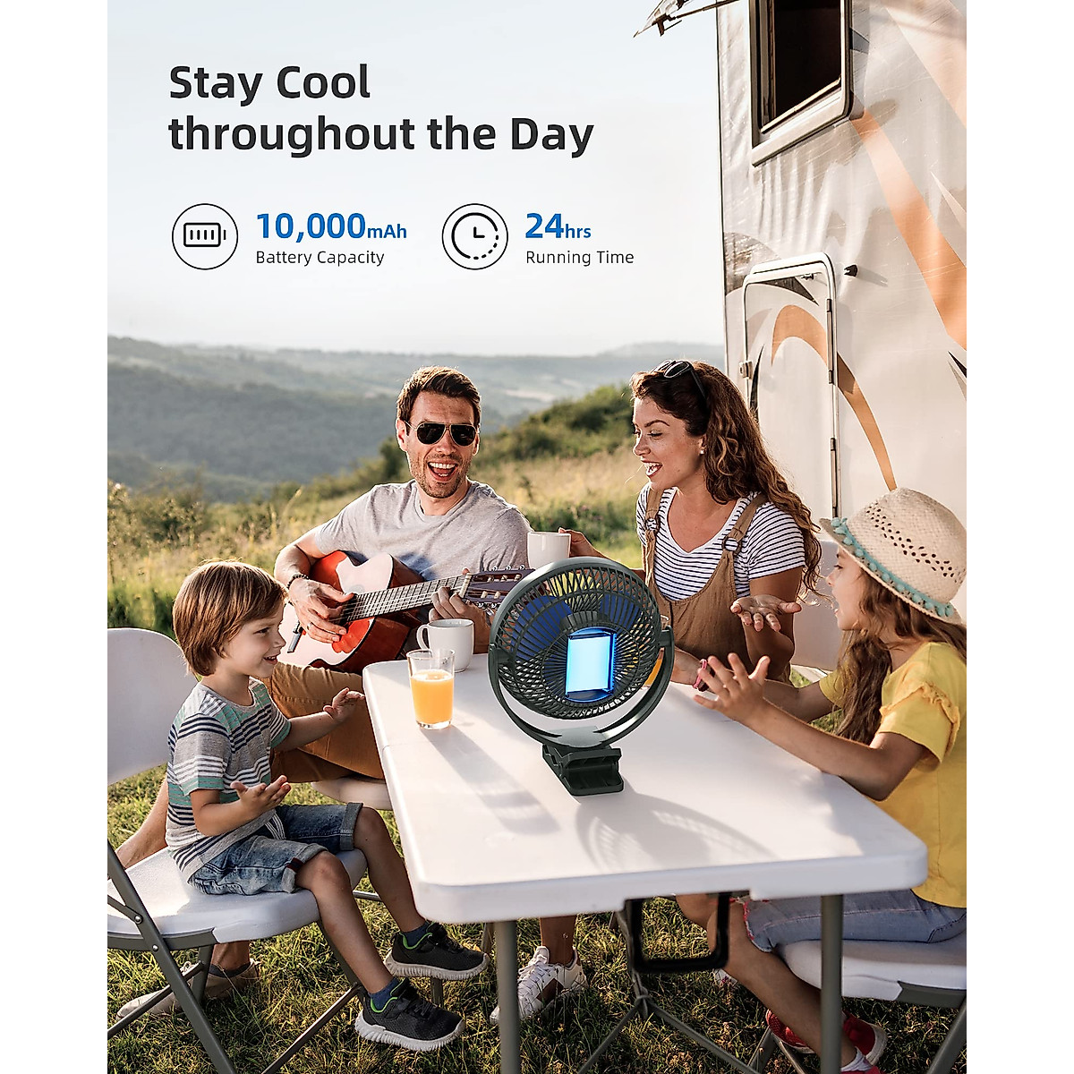 Koonie 10000mAh Rechargeable Portable Fan, 8-Inch Battery Operated Small Clip on Fan, USB Car Fan 4 Speeds, Sturdy Clamp for Office Desk Golf Cart Stroller Outdoor Travel Camping Tent Gym Treadmill