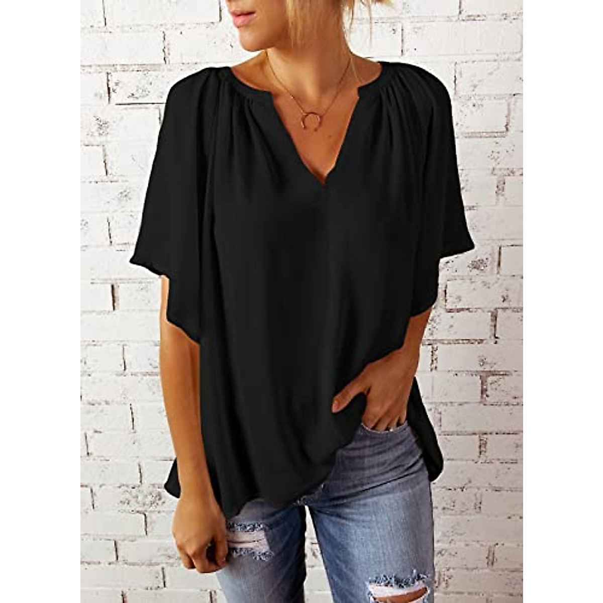 Dokotoo Womens Summer Tops Casual Short Sleeve Shirts V Neck Pleated Tunic Tops Loose Cute Bell Sleeve Chiffon Blouses for Ladies Plus Size,2XL(US 18-20),Black