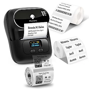 Phomemo M110 Label Printer - Bluetooth No Ink Printer, Mini Portable Barcode Label Printer for Retail, Address, Barcode, Home, for PC/Mac, iOS/Android, with 3pack Most Used Labels, Ebony Black