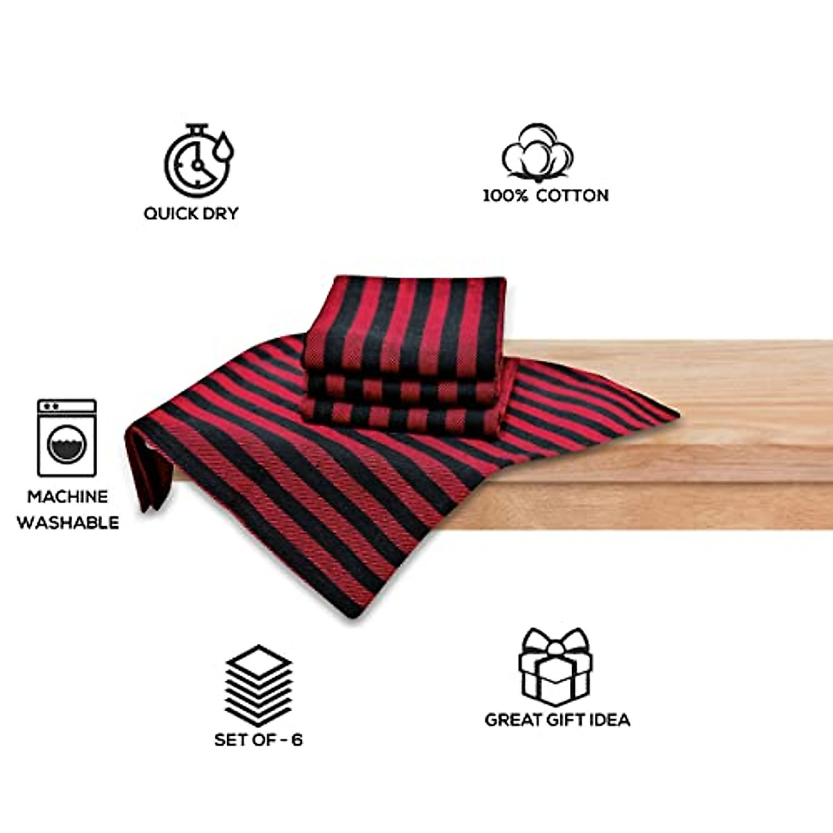 6 Pack Red Cotton Dish Towels - 16 X 27 Inch - Kitchen Towel Linen - Classic Farmhouse Dish Towels - Cotton Tea Towels - Black Striped Dish Towels - Striped Cotton Towels, Reusable, Red & Black