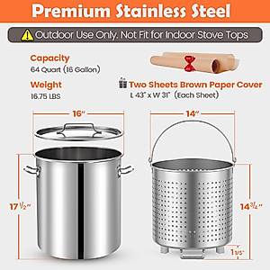 ARC 64QT Stainless Steel Seafood Boil Pot with Basket and 36" Mixing Paddle, Threads Removable Handle, Crawfish, Crab, Lobster, Shrimp Boil Stock Pot with Strainer, Turkey Fryer, Brewing Beer, 16Gal