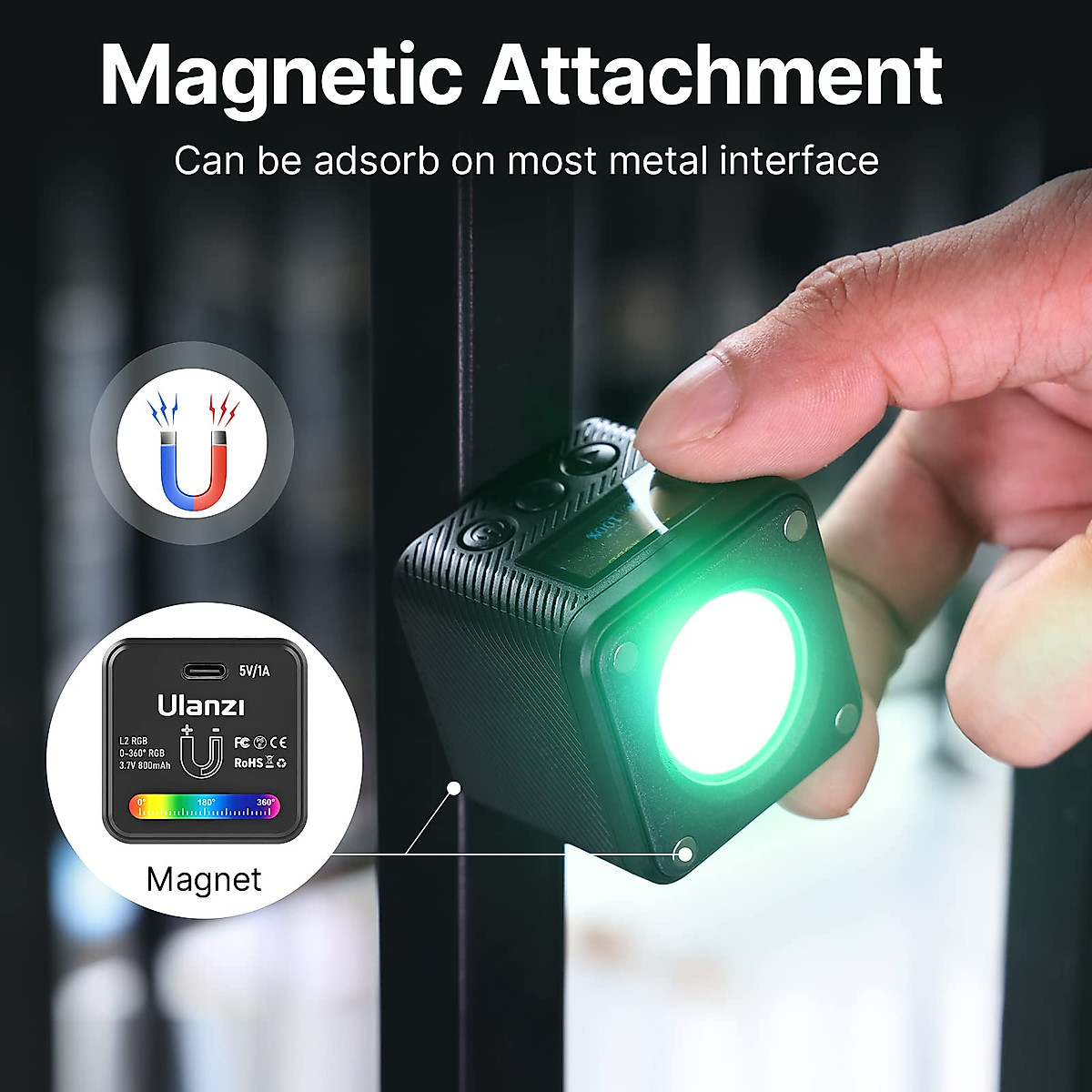 ULANZI L2 RGB COB Video Light Mini Cube Lights, LED Camera Light 360° Full Color Portable Photography Video Lighting, 800mAh Rechargeable & Magnetic Designs and 11 Dynamic Light Effects