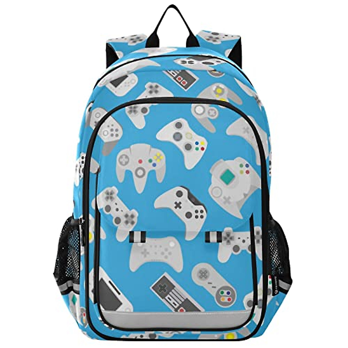 Glaphy Video Game Controller Pattern Blue Backpack School Bag Lightweight Laptop Backpack Student Travel Daypack with Reflective Stripes