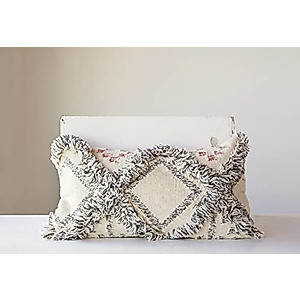Creative Co-Op Wool Cream Kilim Pillow with Grey Fringe Accents